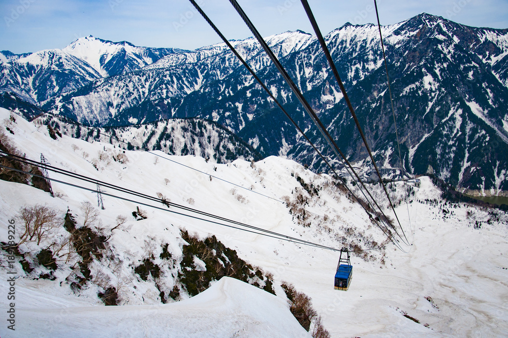 The top view of snow mountain on a ropeway route in the Tateyama Kurobe ...