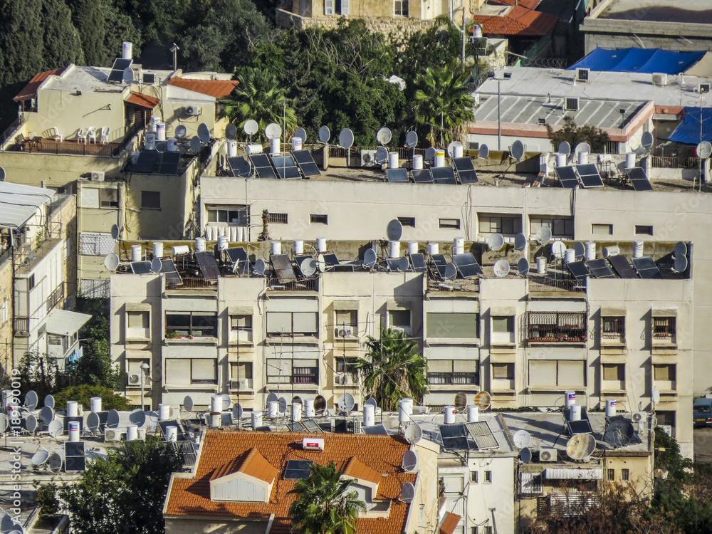 Haifa, Israel - View of the downtown City and the port area of Haifa ...