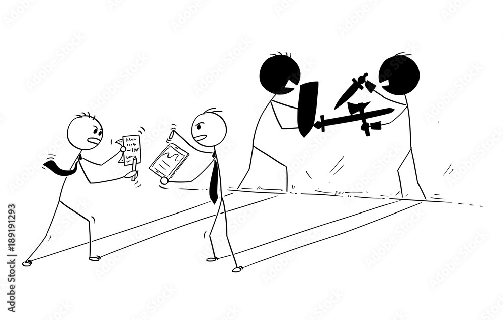 Cartoon stick man drawing conceptual illustration of two businessmen ...