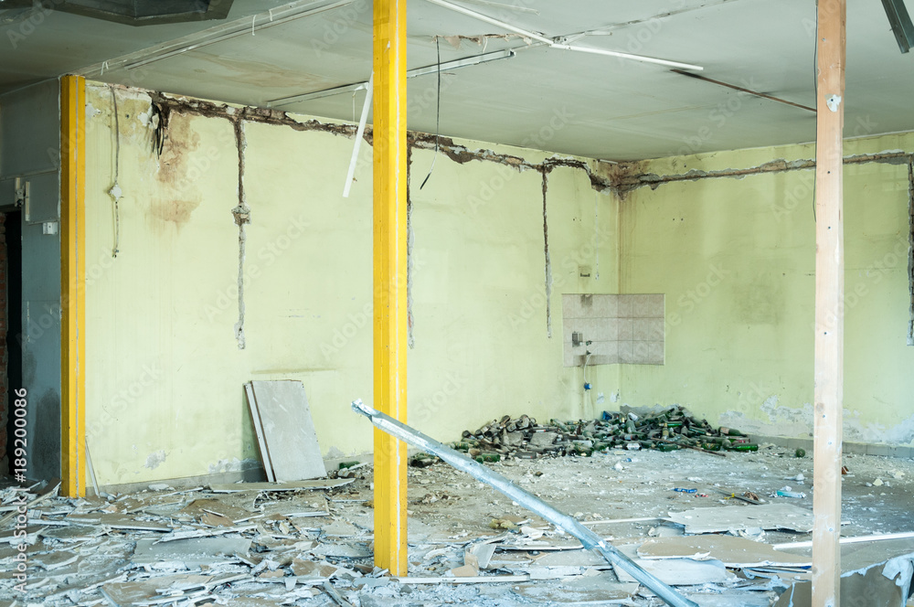War damage. Remains of abandoned damaged and destroyed house interior ...