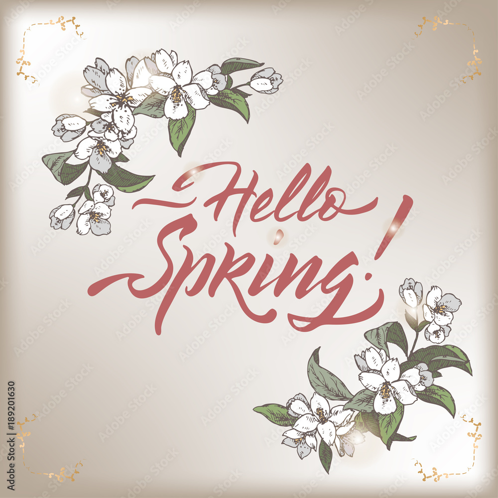 Color romantic vintage greeting card template with spring related brush ...