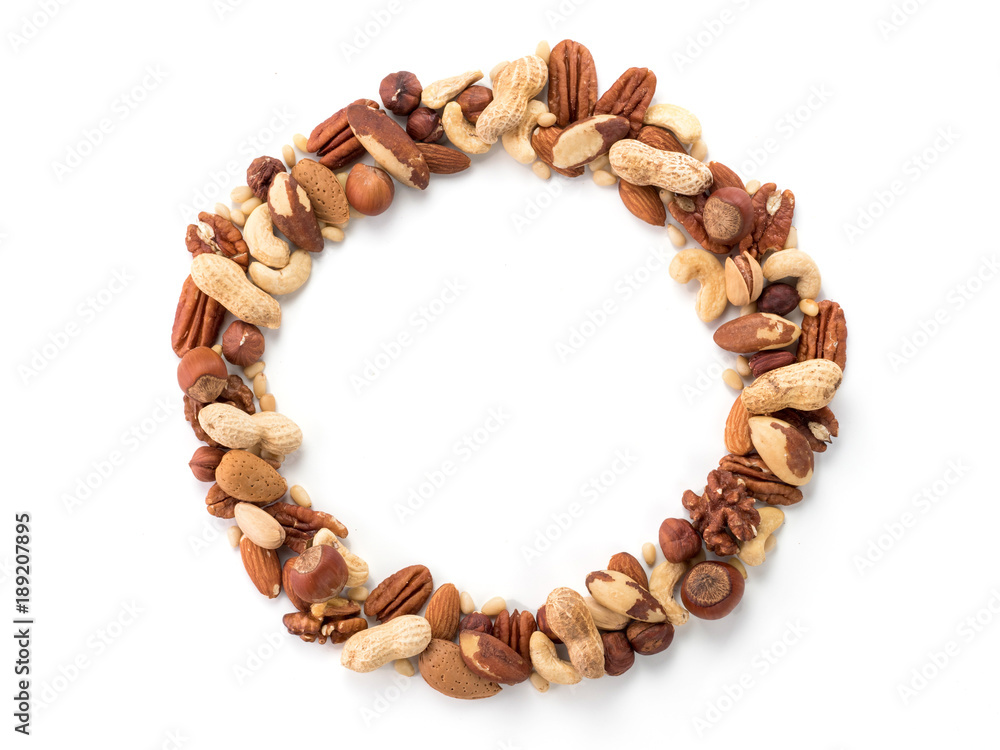 Pattern of nuts in circle form. Various nuts isolated on white. pecan ...