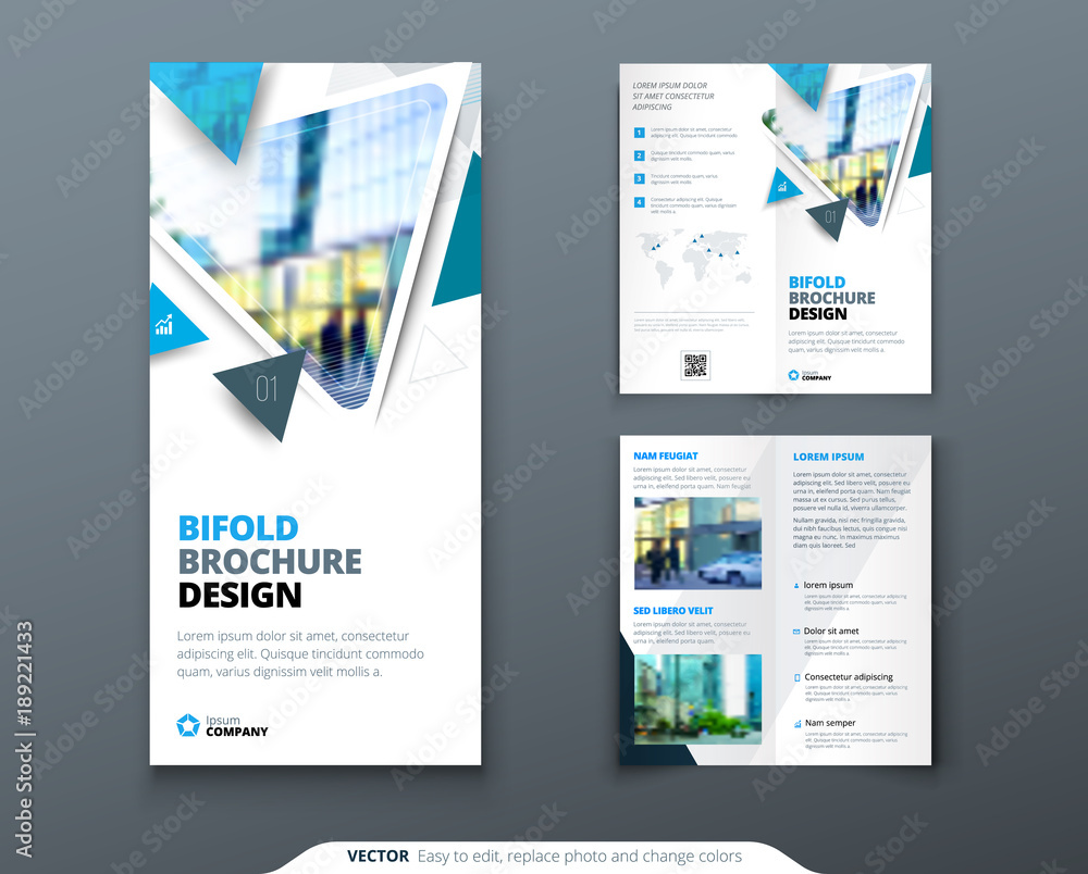Bifold brochure design. Blue template for bi fold flyer. Layout with ...