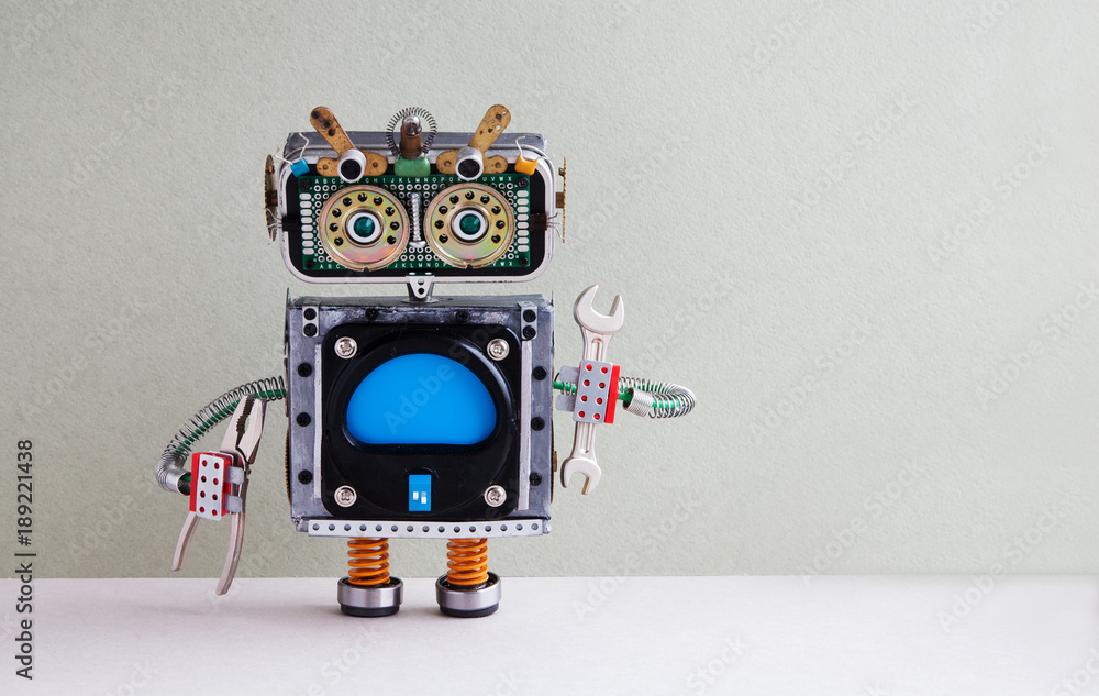 Fixing computer concept. Robotic handyman hand wrench pliers. Colorful ...