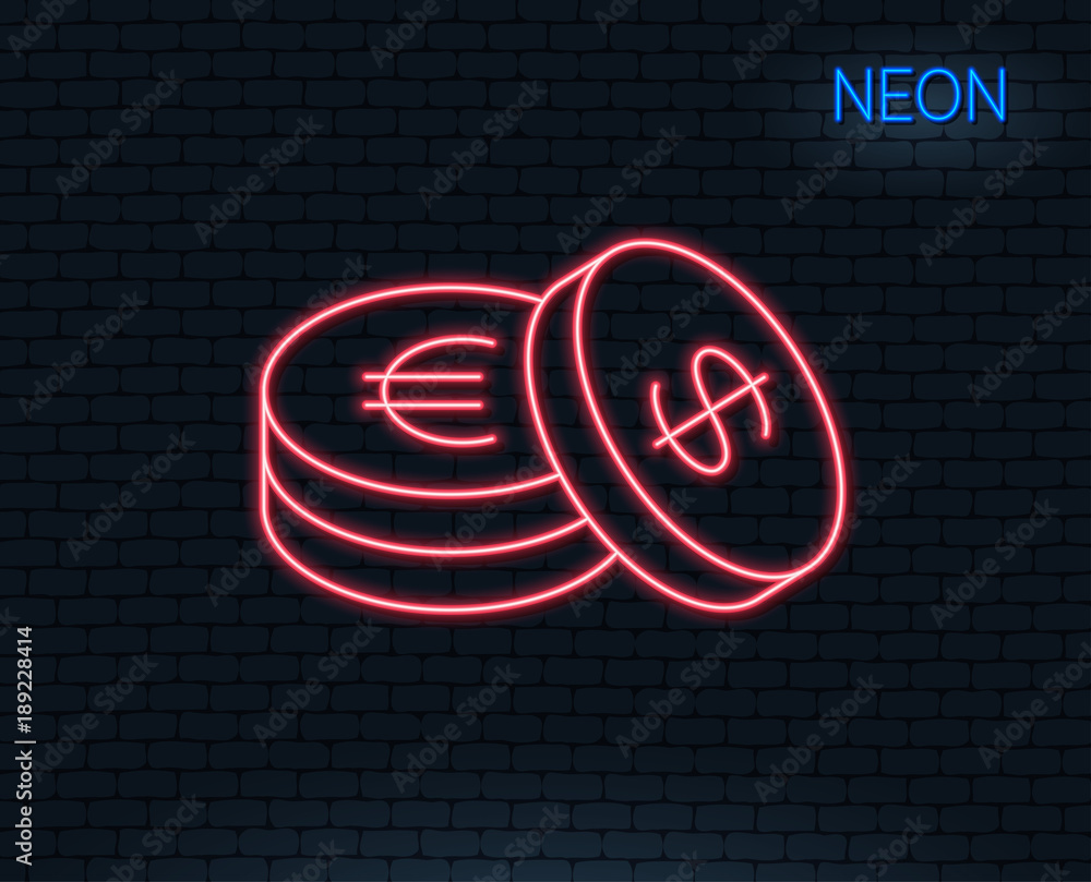 Neon light. Coins money line icon. Banking currency sign. Euro and ...