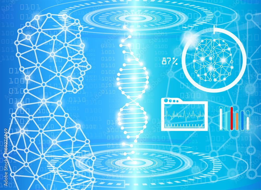 abstract background technology concept in blue light,brain and human ...