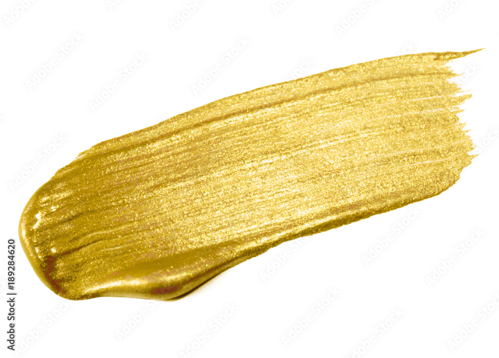 Gold paint brush smear stroke. Acrylic golden color stain on white ...