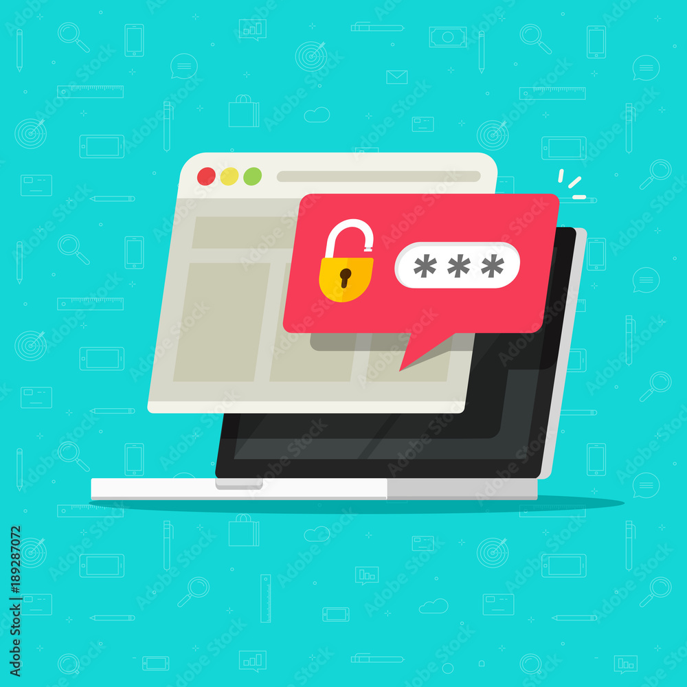 Laptop computer with unlocked password bubble notification, flat ...