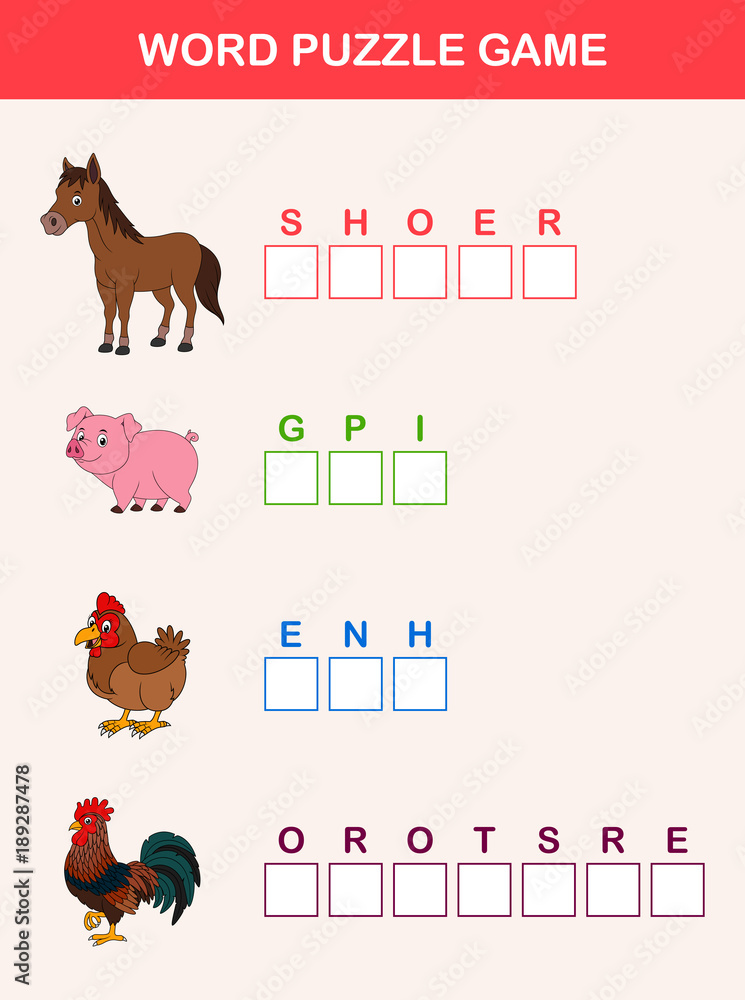 Words puzzle children educational game. Place the letters farm animals ...
