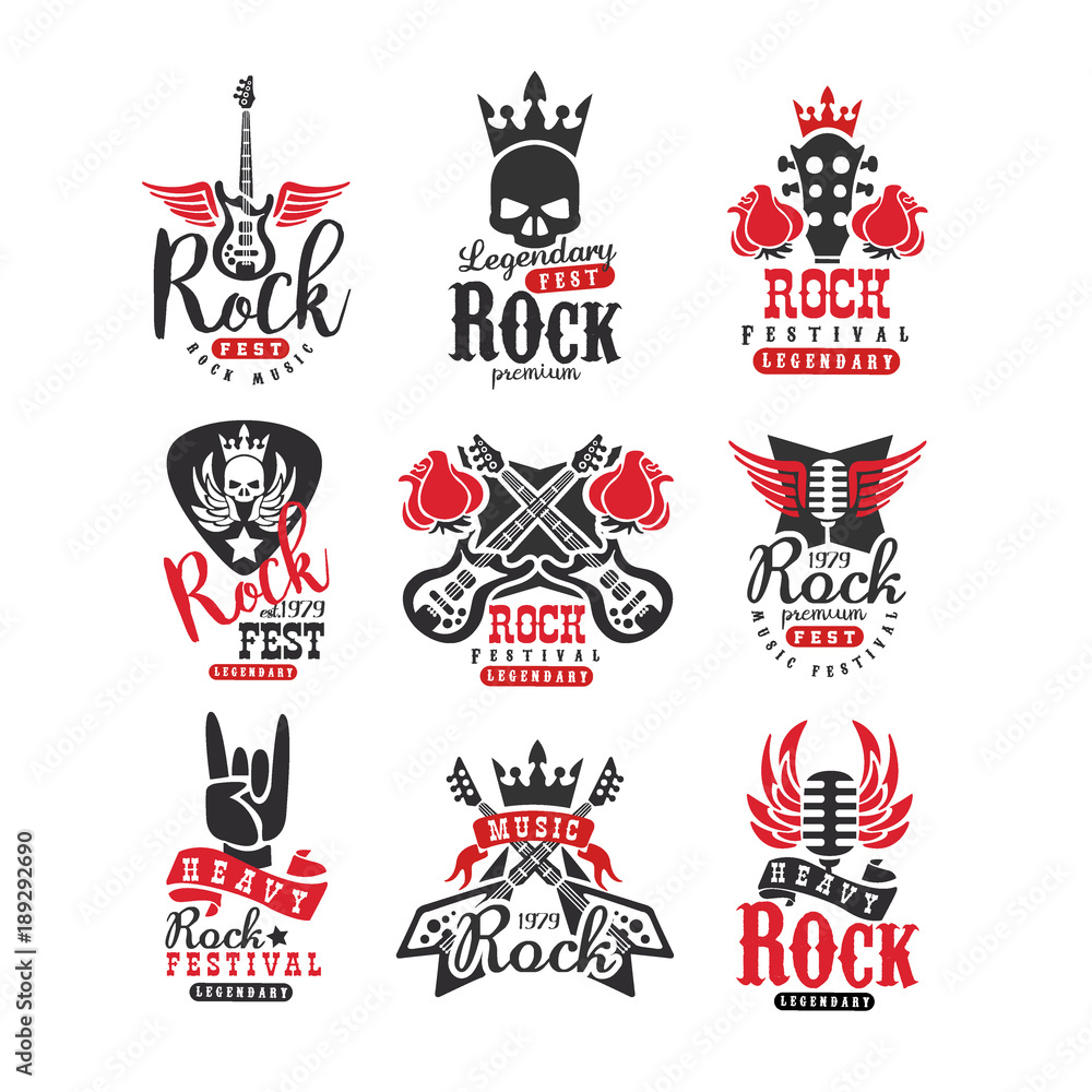 Set of vintage rock logos. Original monochrome emblems with guitars ...