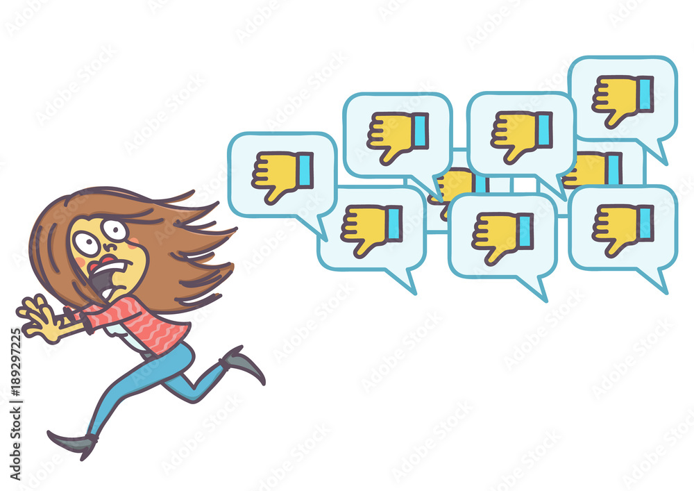 Scared woman running away from negative comments icons, vector cartoon ...