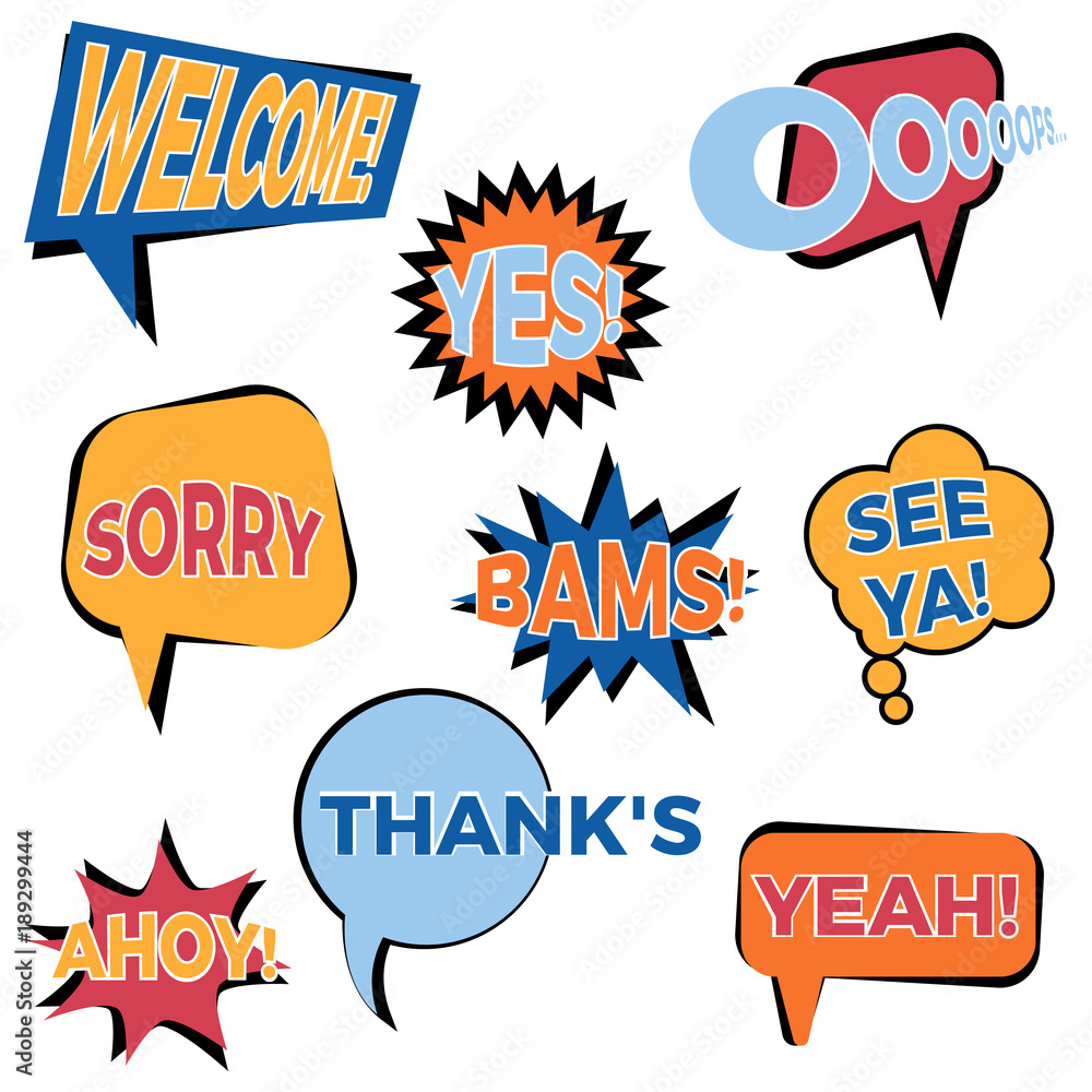 Set of nine cartoon comic balloon speech bubbles in flat style ...