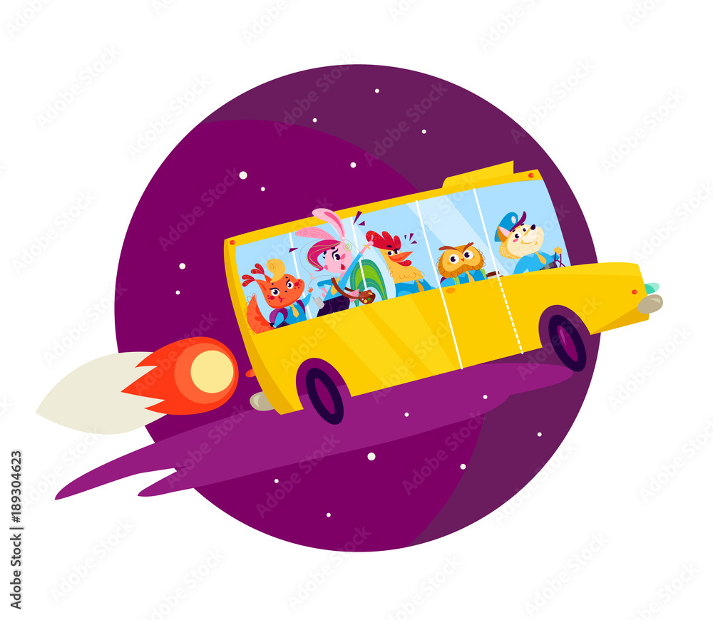 Vector flat back to school illustration with big yellow school bus ...