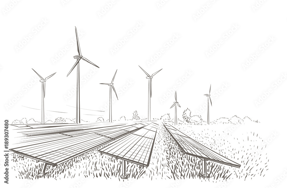 Alternative sources of energy(wind, solar) hand drawn sketch. Vector ...