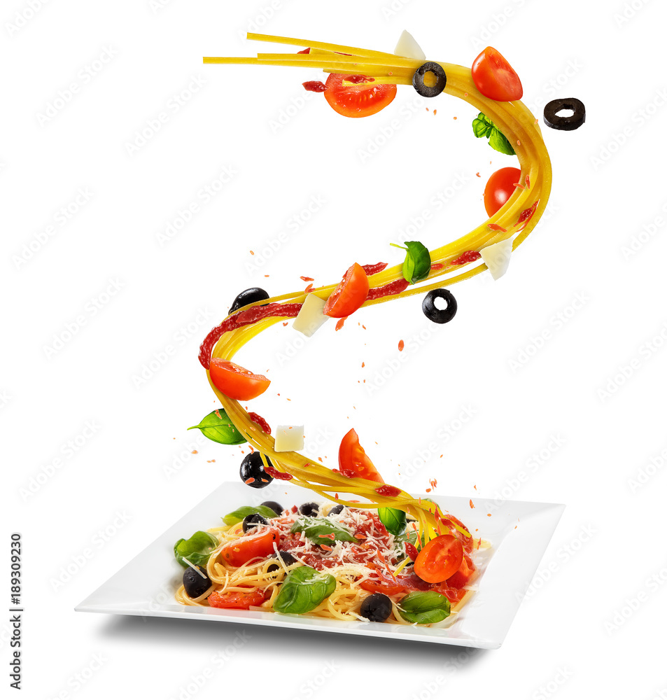 Concept of flying food with plate and traditional italian pasta Stock ...