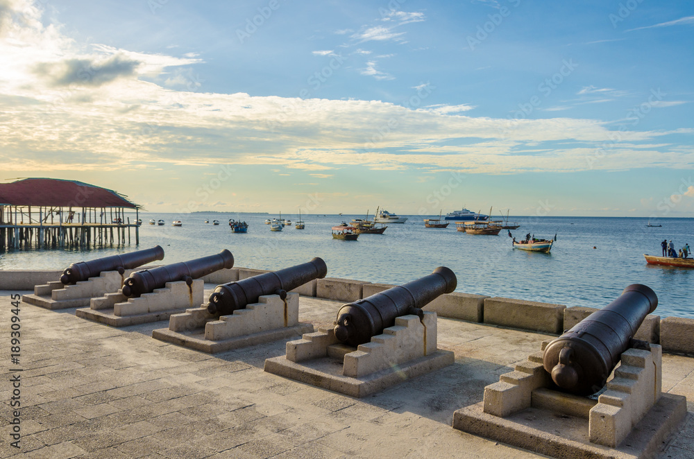 Photo & Art Print Five cannons in line at the waterfront in Stone Town ...