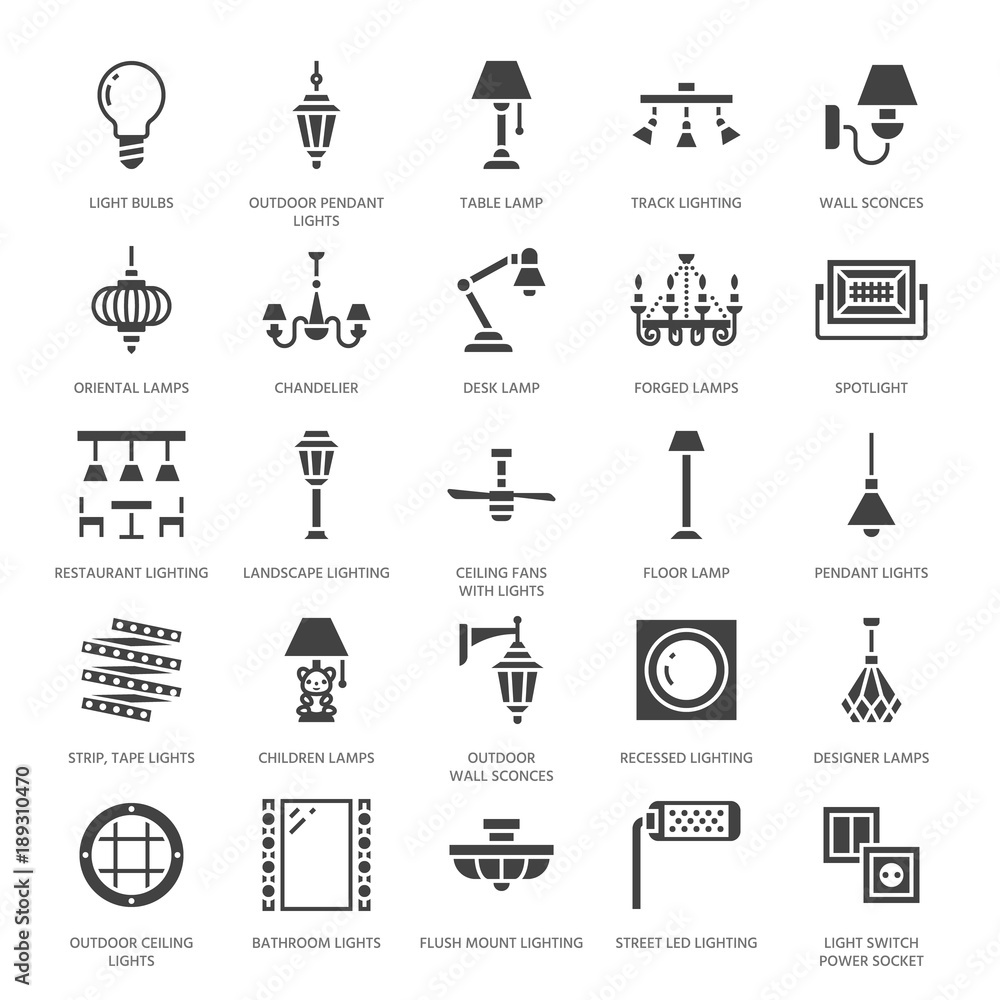 Light fixture, lamps flat glyph icons. Home and outdoor lighting ...