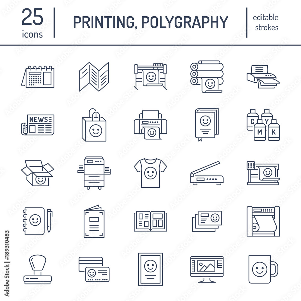 Printing house flat line icons. Print shop equipment - printer, scanner ...