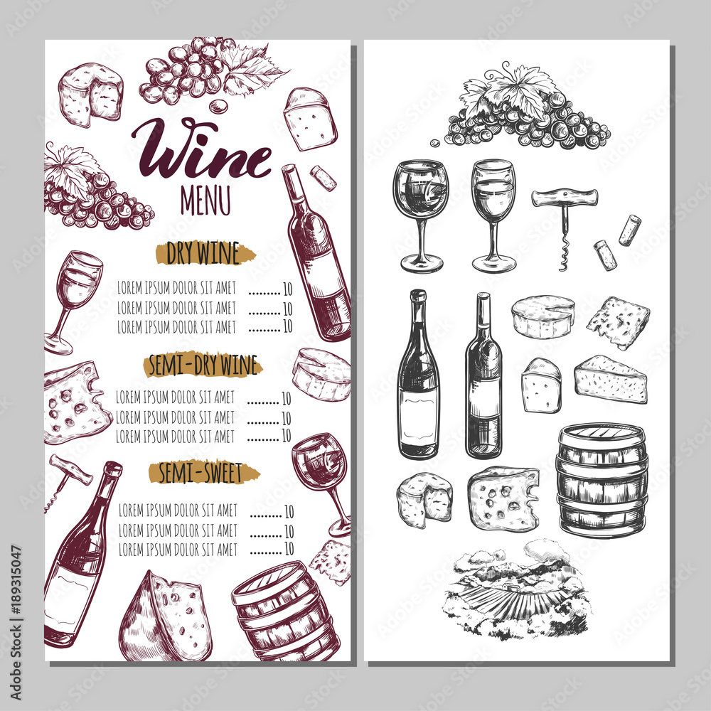 Wine Restaurant Menu. Design template includes different Vector hand ...