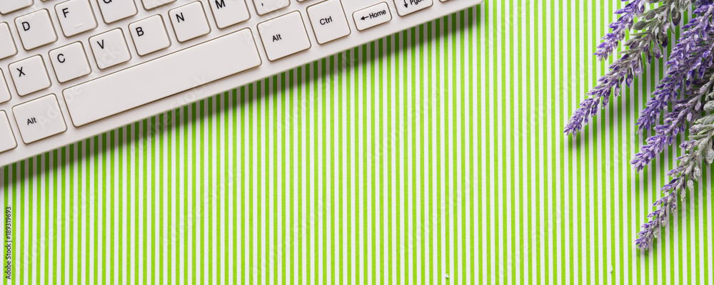 Green background with keyboard and lavender flowers. Spring easter ...