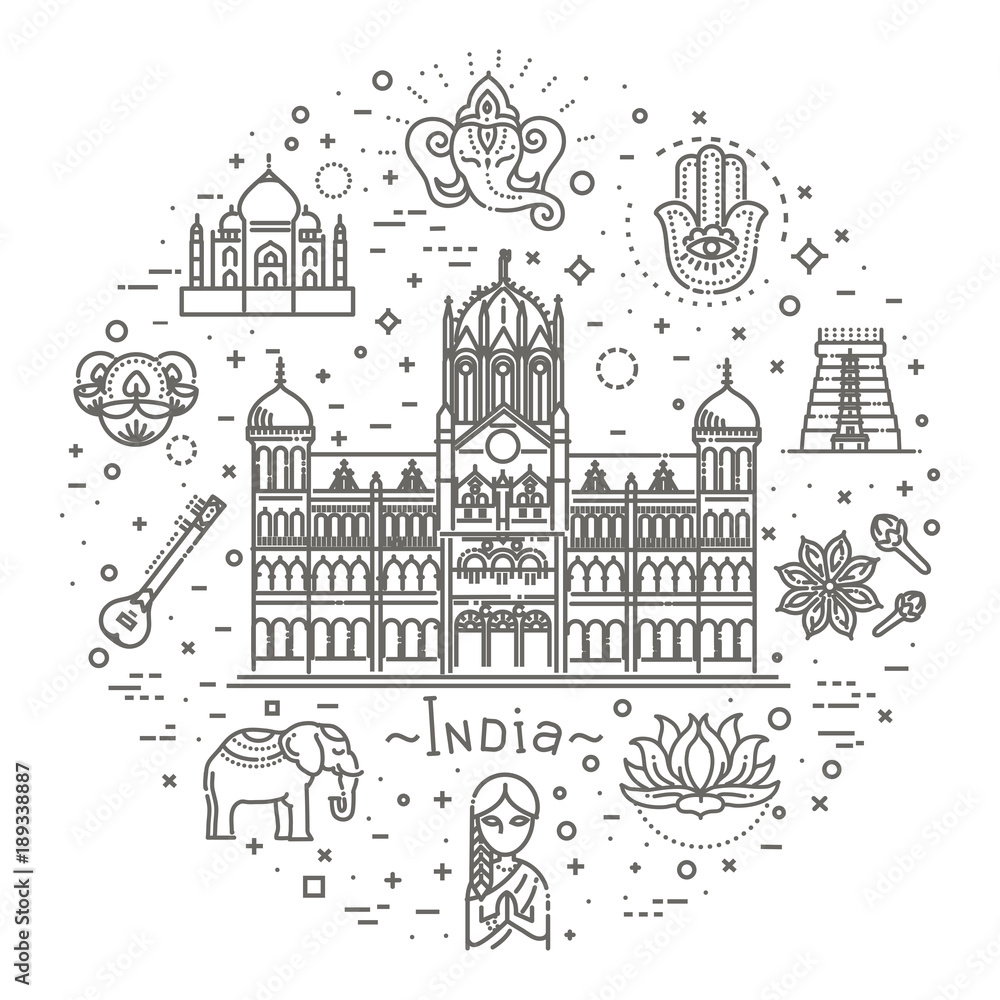 India icons set. Indian attractions, line design. Tourism in India ...