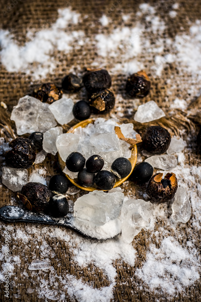 Close up of alum, potassium aluminium sulfate and soap nut,Sapindus ...