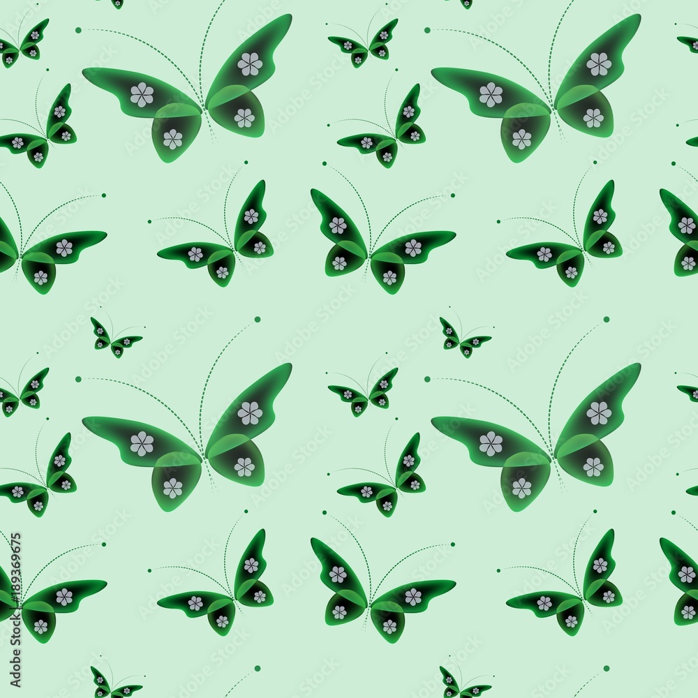Seamless background with green butterflies. Regular pattern...Green ...