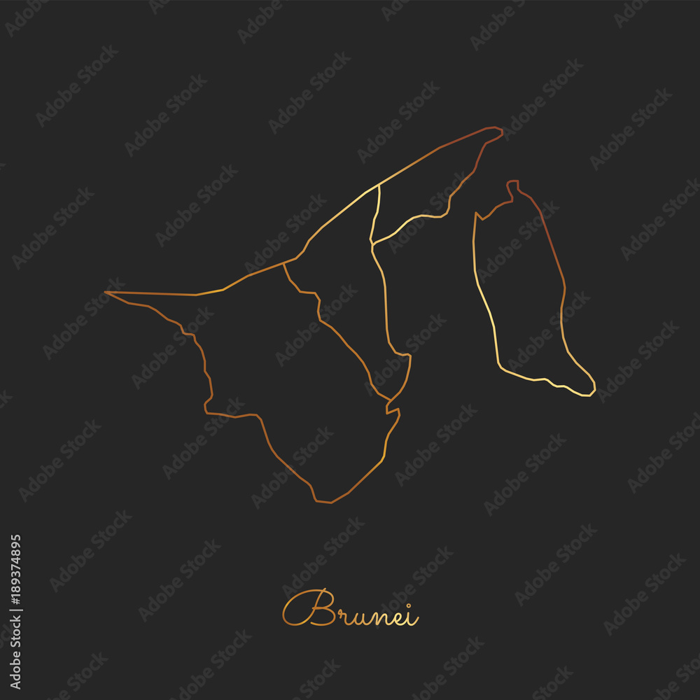 Brunei region map: golden gradient outline on dark background. Detailed ...