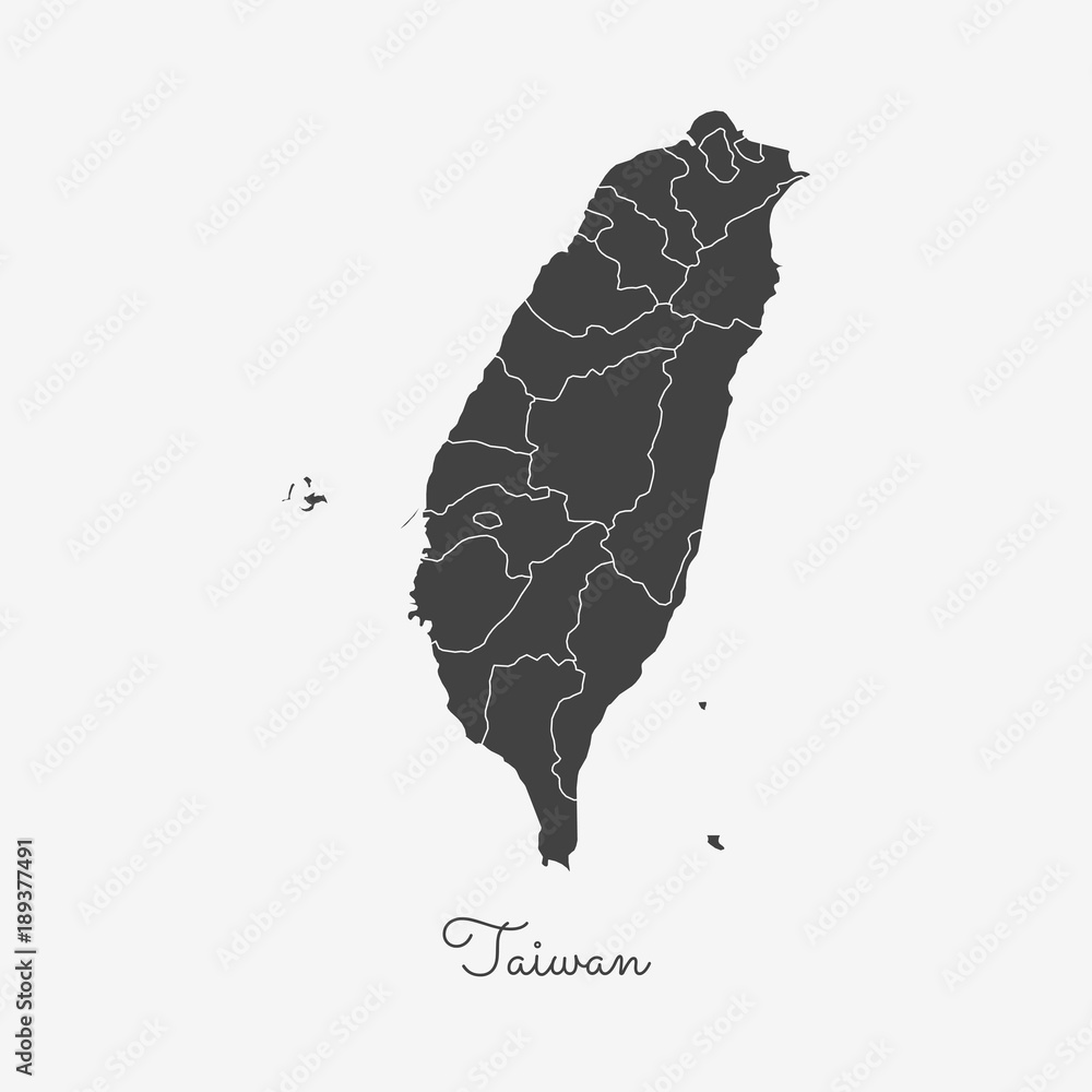 Taiwan region map: grey outline on white background. Detailed map of ...