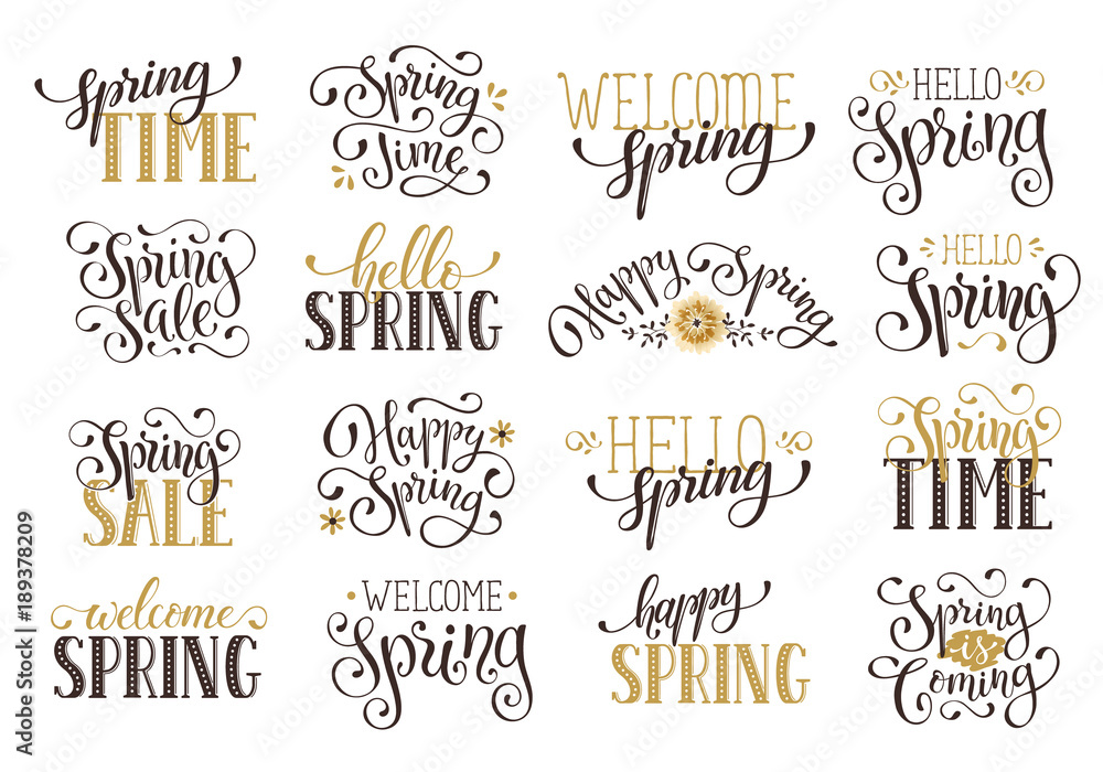 Hand written vector Spring time phrases in black and gold. Greeting ...