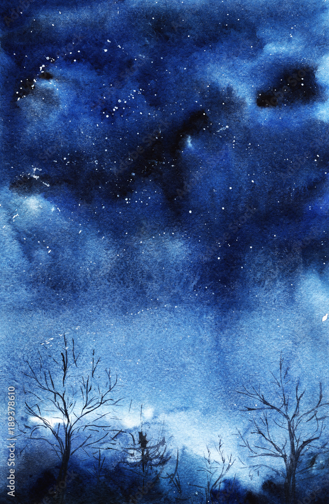 Stockfoto watercolor hand drawing night sky with stars deep blue and ...
