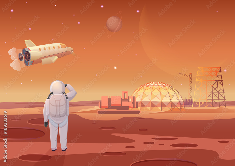 Vector illustration of astronaut standing at Mars colony and looking at ...