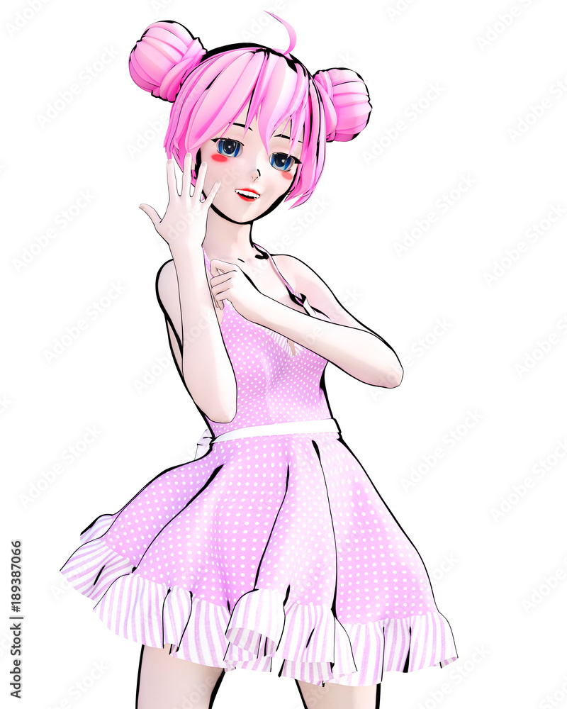 3d Sexy Anime Doll Girl Big Blue Eyes And Bright Makeup Pink Dress
