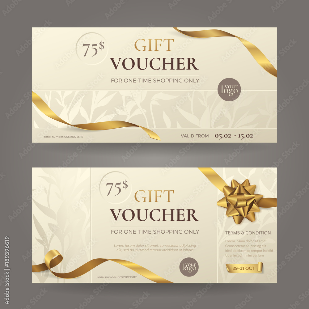 Set of stylish gift voucher with golden ribbons, a bow and floral ...