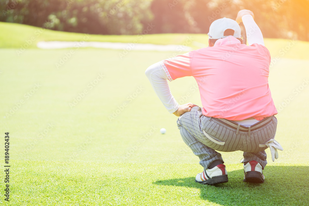 golf player crouching and study the green before putting shot,Young ...