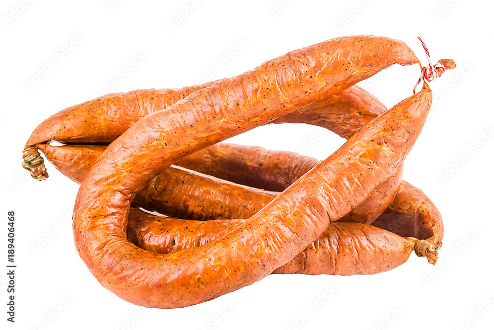 Foto de juicy appetizing chicken, pork, beef sausage, salami with ...