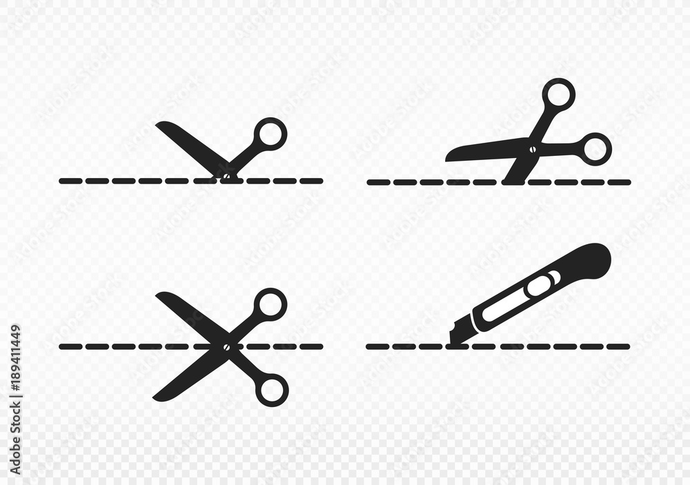 Set of scissors and stationery knife with cut lines. Scissors with cut ...