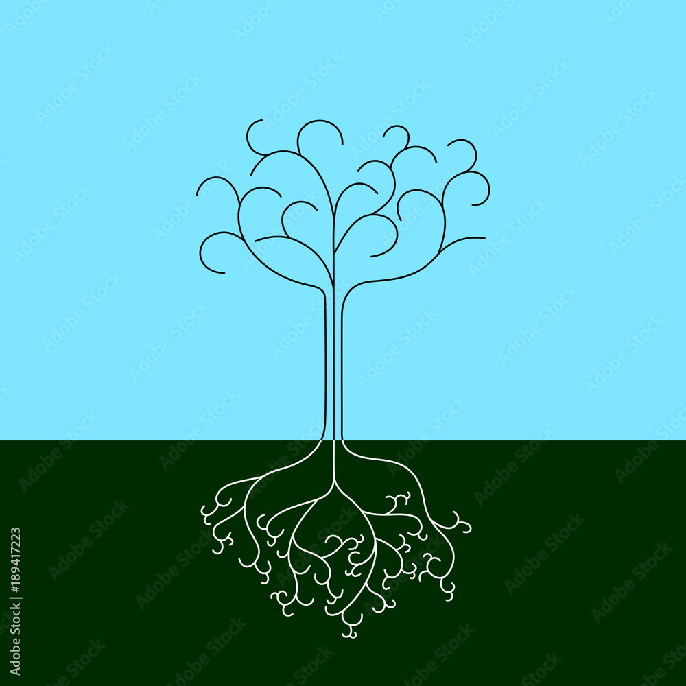 Line drawing of a tree with curvy branches and roots, vector ...