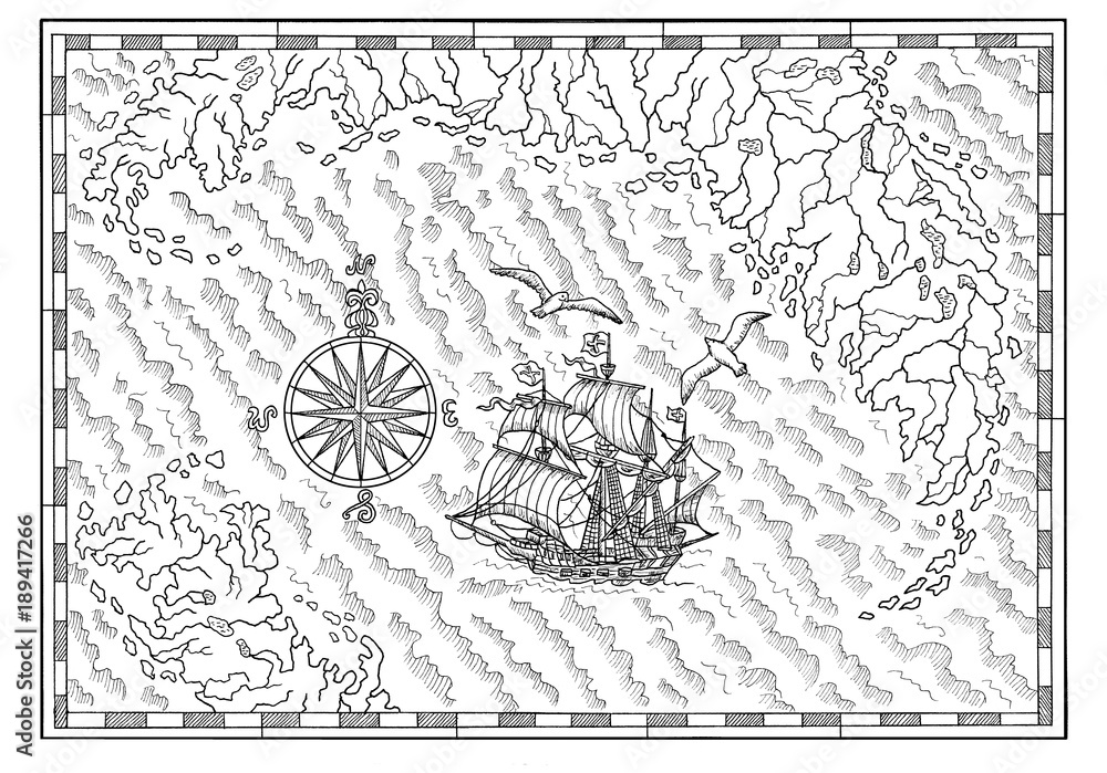 Black and white sea map with old sailing ship and compass. Pirate ...