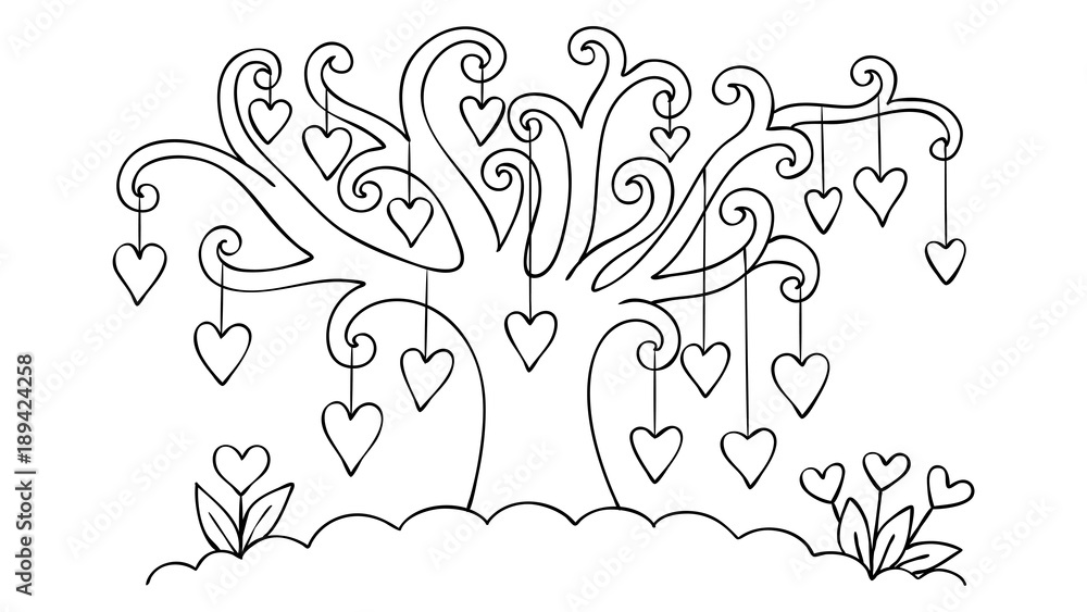 Hand drawn hearts hanging on the tree design for Valentine or wedding ...