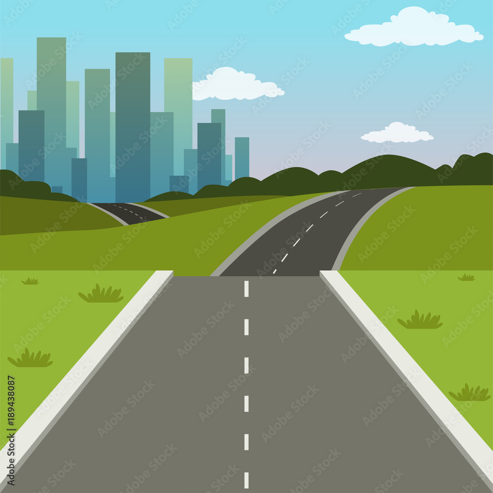 Summer green landscape with road and city buildings, road to the city ...
