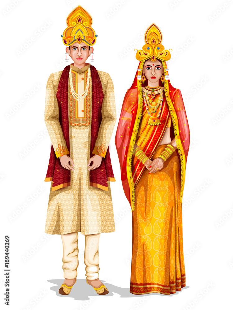 Odia Wedding Couple In Traditional Costume Of Odisha India Stock Vector Adobe Stock