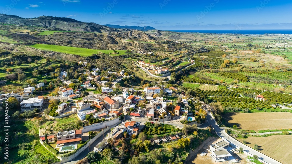Aerial bird's eye view of Goudi village in Polis Chrysochous valley ...