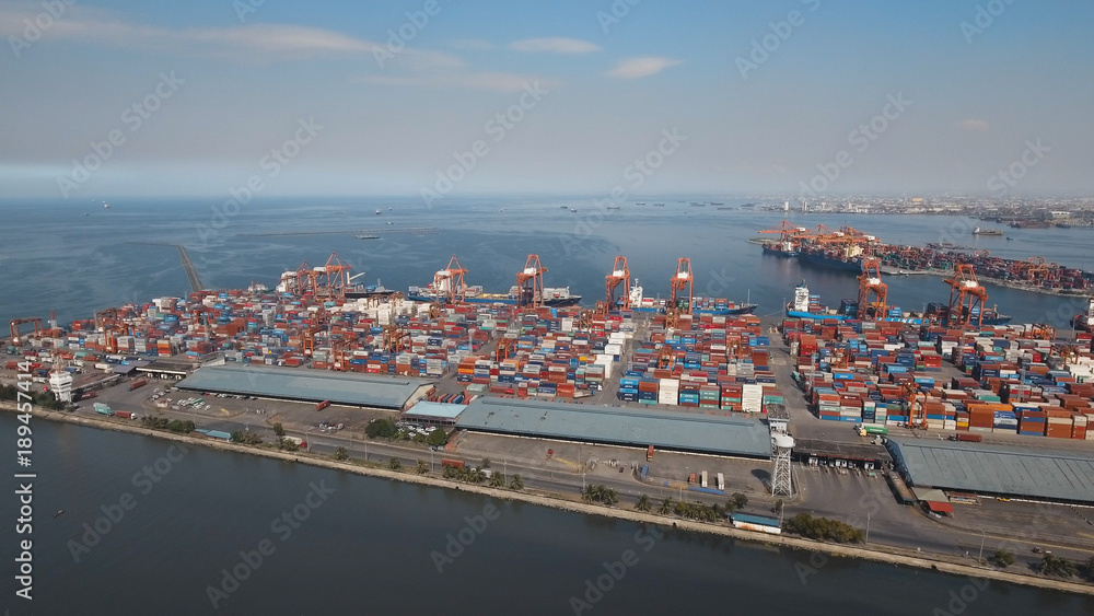 Aerial view industrial cargo port with ships and cranes. View of the ...