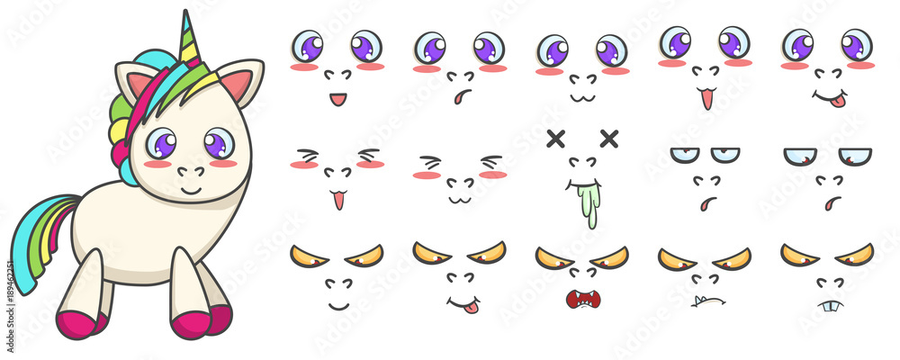 Vector set of standing unicorn with different face emotions. Cute ...