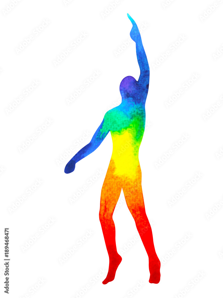 human raise hand up power energy pose, abstract rainbow body watercolor ...