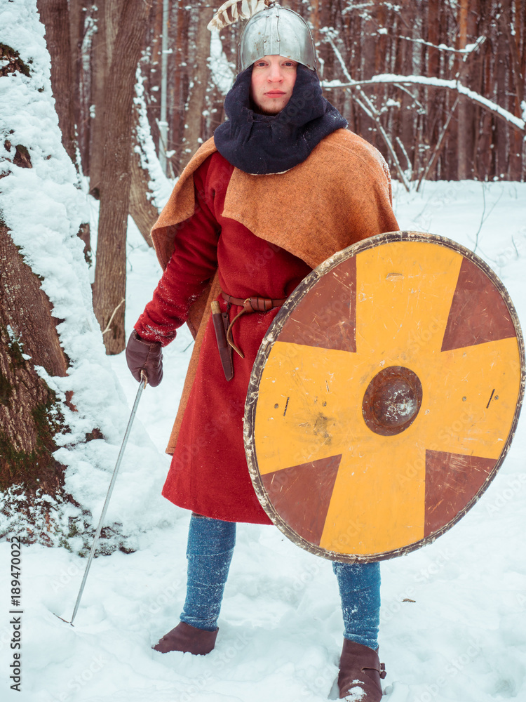 Frankish warrior in historical costume with sword, shield, helmet in ...