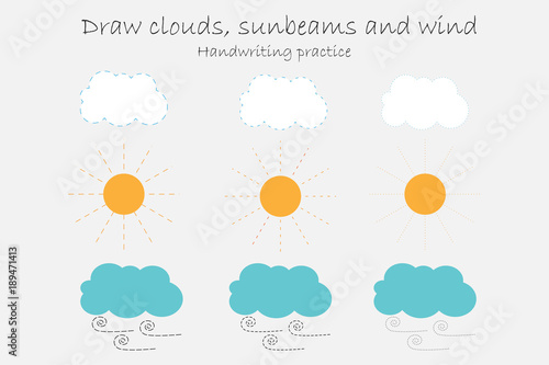 Handwriting practice sheet, draw clouds, sunbeams and wind, kids ...