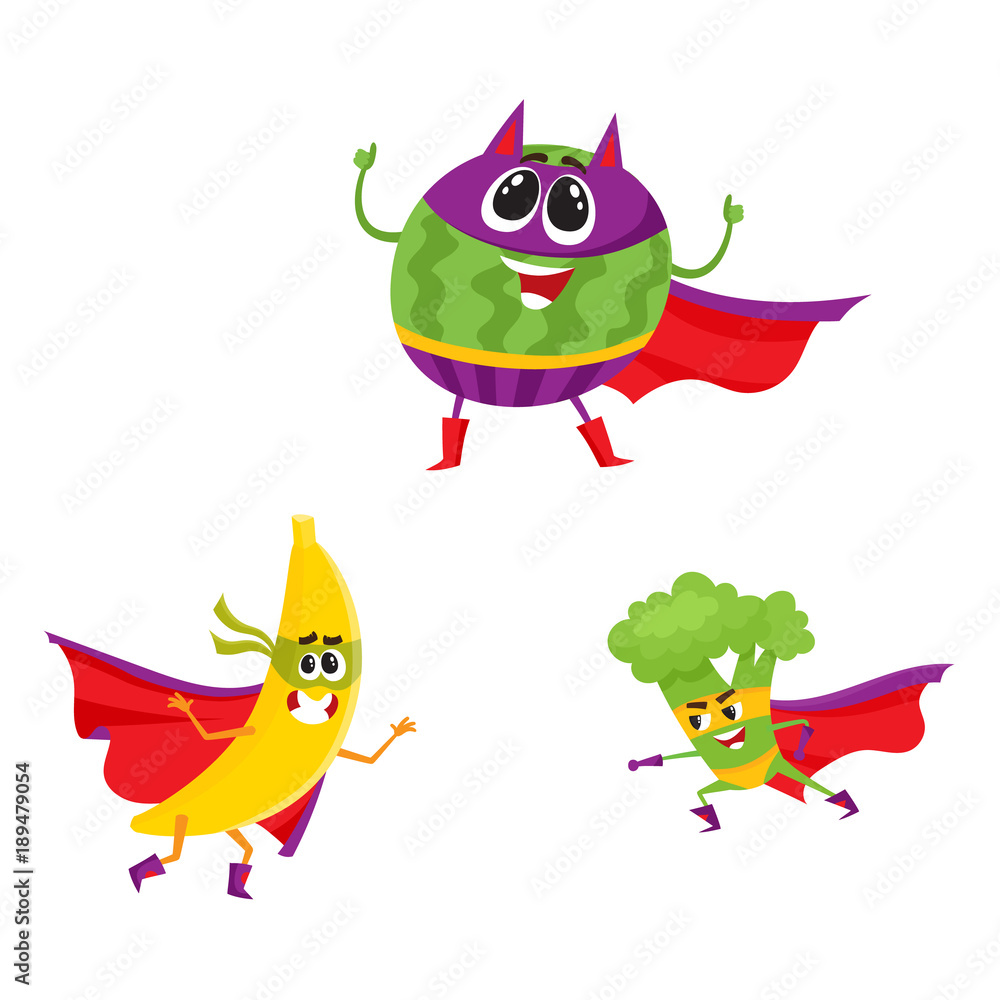 vector flat cartoon funny fruit, vegetable character in masks set ...