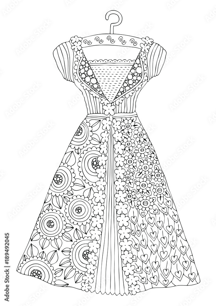 Women's lace dress. Hand drawn illustration for coloring page, poster ...